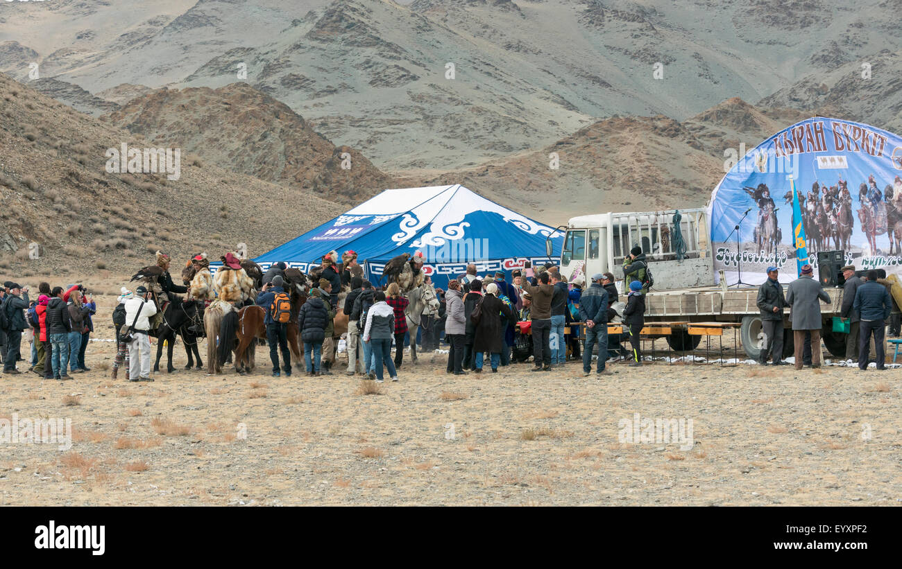 Arrival of the eagle hunters at the Eagle Festival, Olgii, Western ...