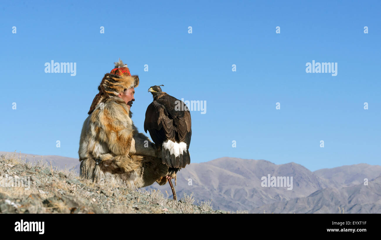 Kazakh eagle hunter crouching with his eagle on a hill top, west of ...