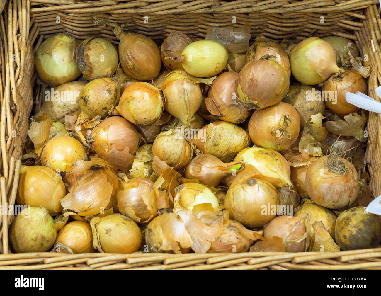 Onions in a basket for sale at a market Stock Photo - Alamy