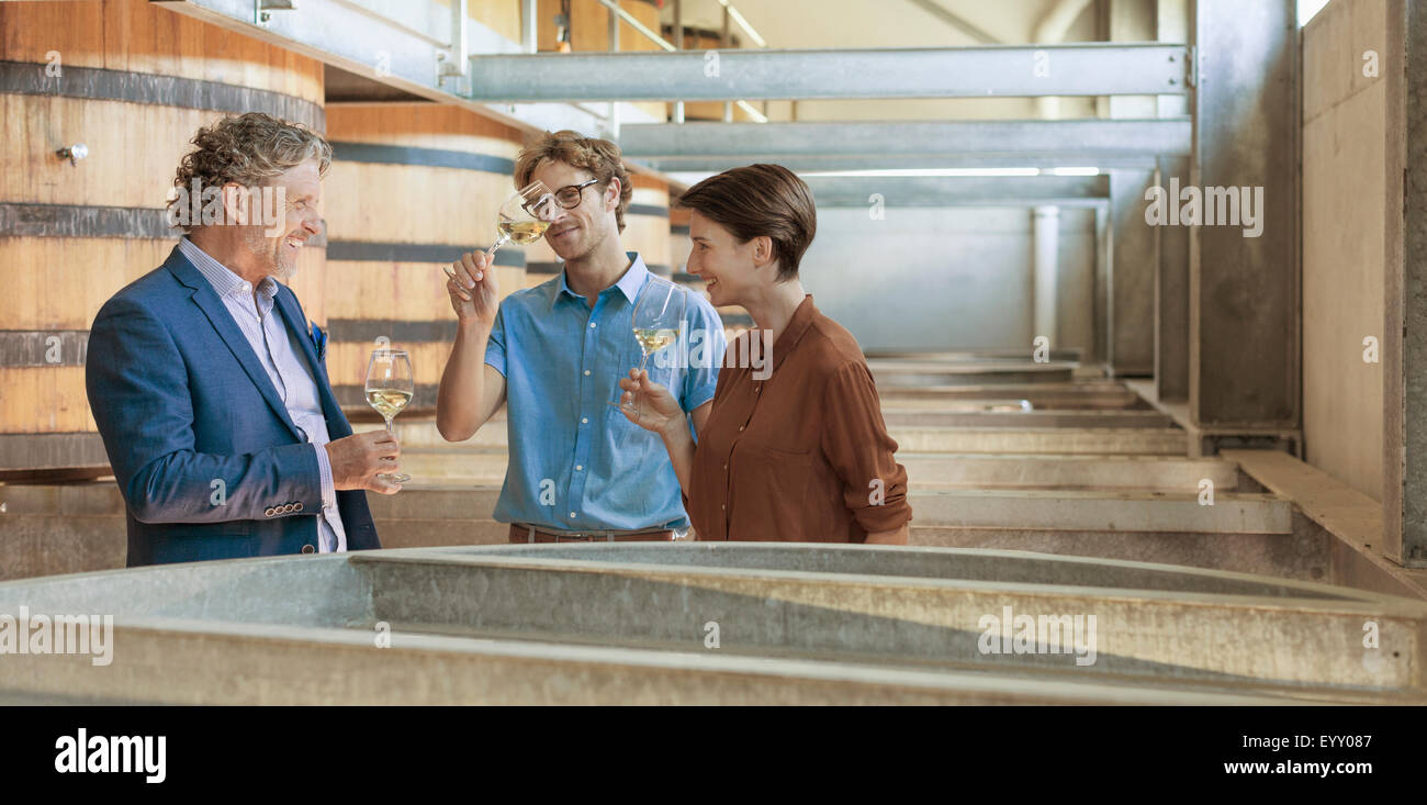 Friends barrel tasting wine in winery cellar Stock Photo - Alamy