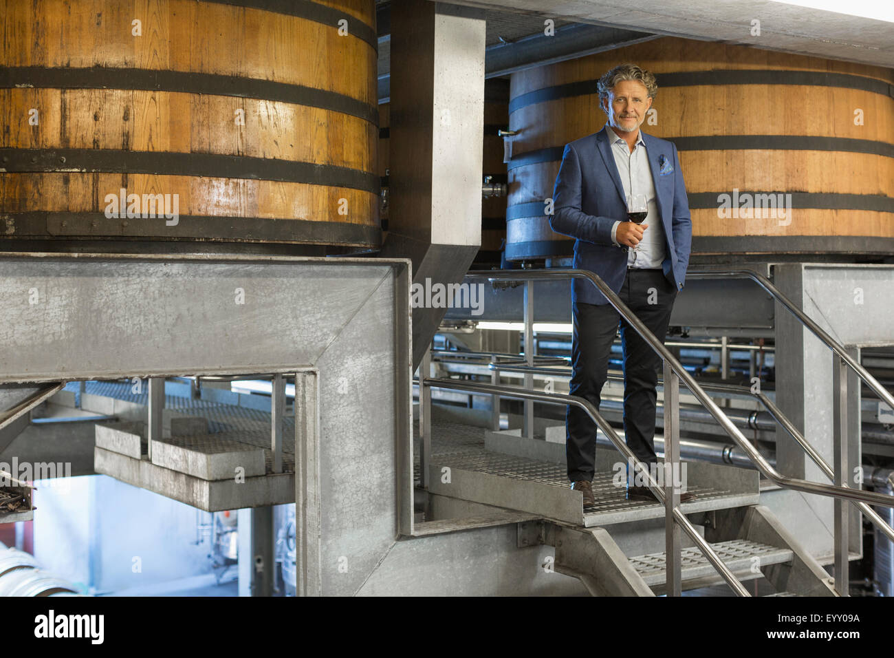 Portrait confident vintner with red wine on platform in winery cellar ...
