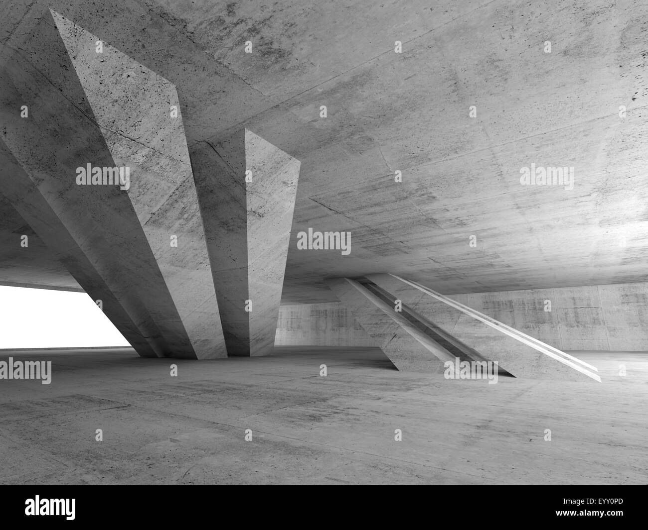 Abstract empty concrete room interior with inclined columns and window ...