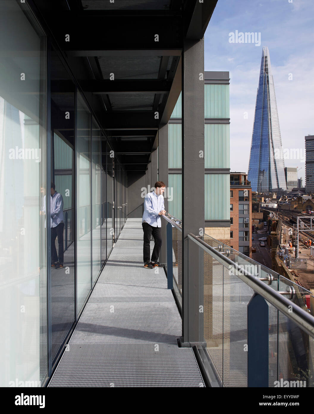 Exterior balcony on upper level. The Metal Box, London, United Kingdom ...