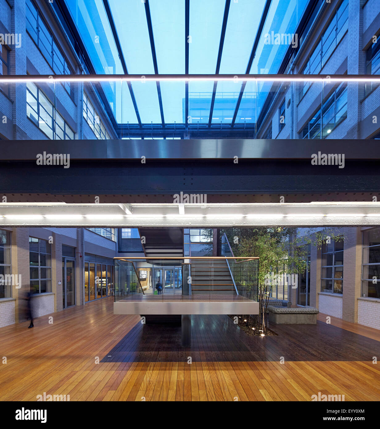 Interior view in central atrium showing mezzanine towards dusk. The ...