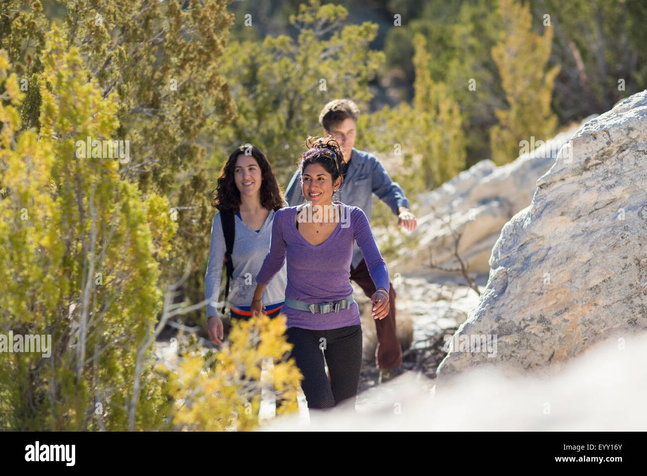 Hikers climbing rocky hillside Stock Photo - Alamy