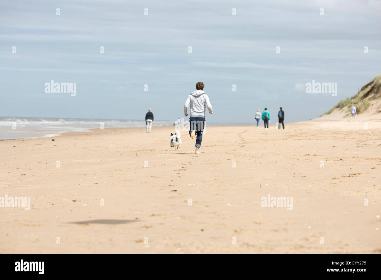 Formby beach near Southport , UK. A man runs with his dog Stock Photo ...