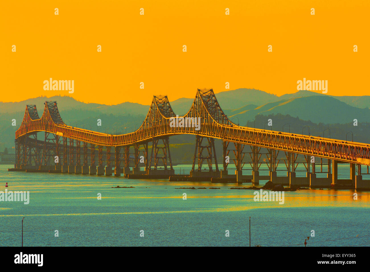 Bridge and river under sunset sky, Richmond, California, United States ...