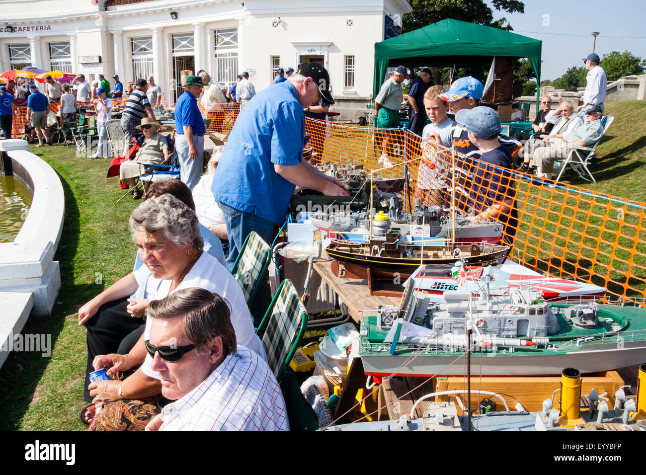 England, Ramsgate. An outdoor model boat show at boating pool. Tables ...