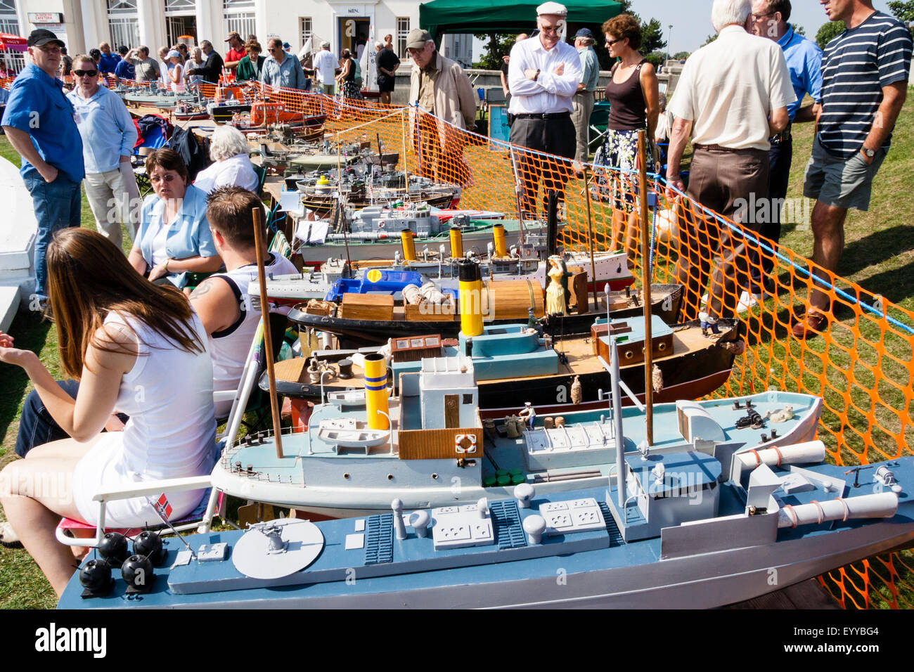 England, Ramsgate. An outdoor model boat show at boating pool. Tables ...