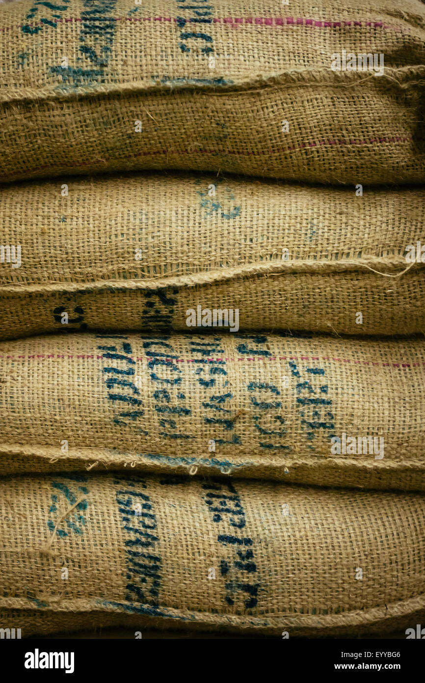 Close up of stack of burlap sacks Stock Photo - Alamy