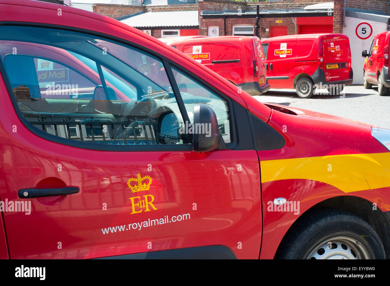 Royal Mail delivery vans parked at Bude delivery office, Cornwall ...