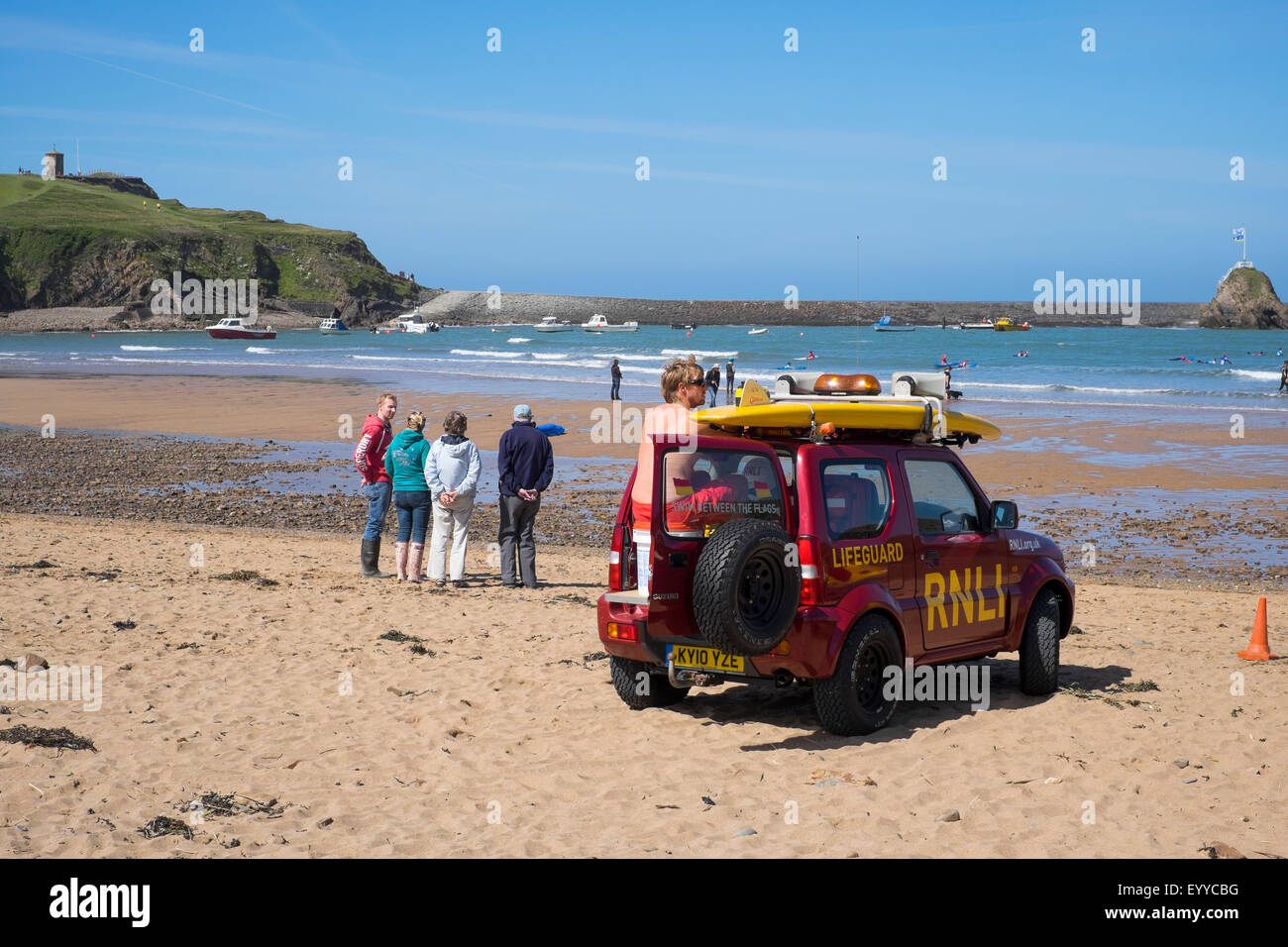 RNLI lifeguard vehicle on Summerleaze beach at Bude, Cornwall, England ...