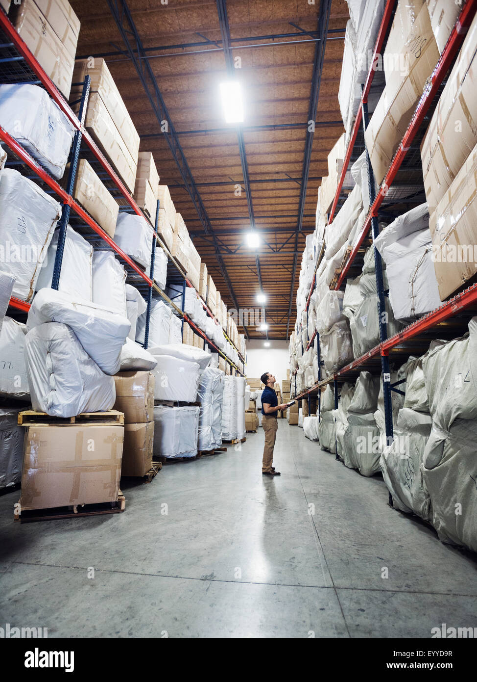Caucasian worker checking inventory in warehouse Stock Photo - Alamy