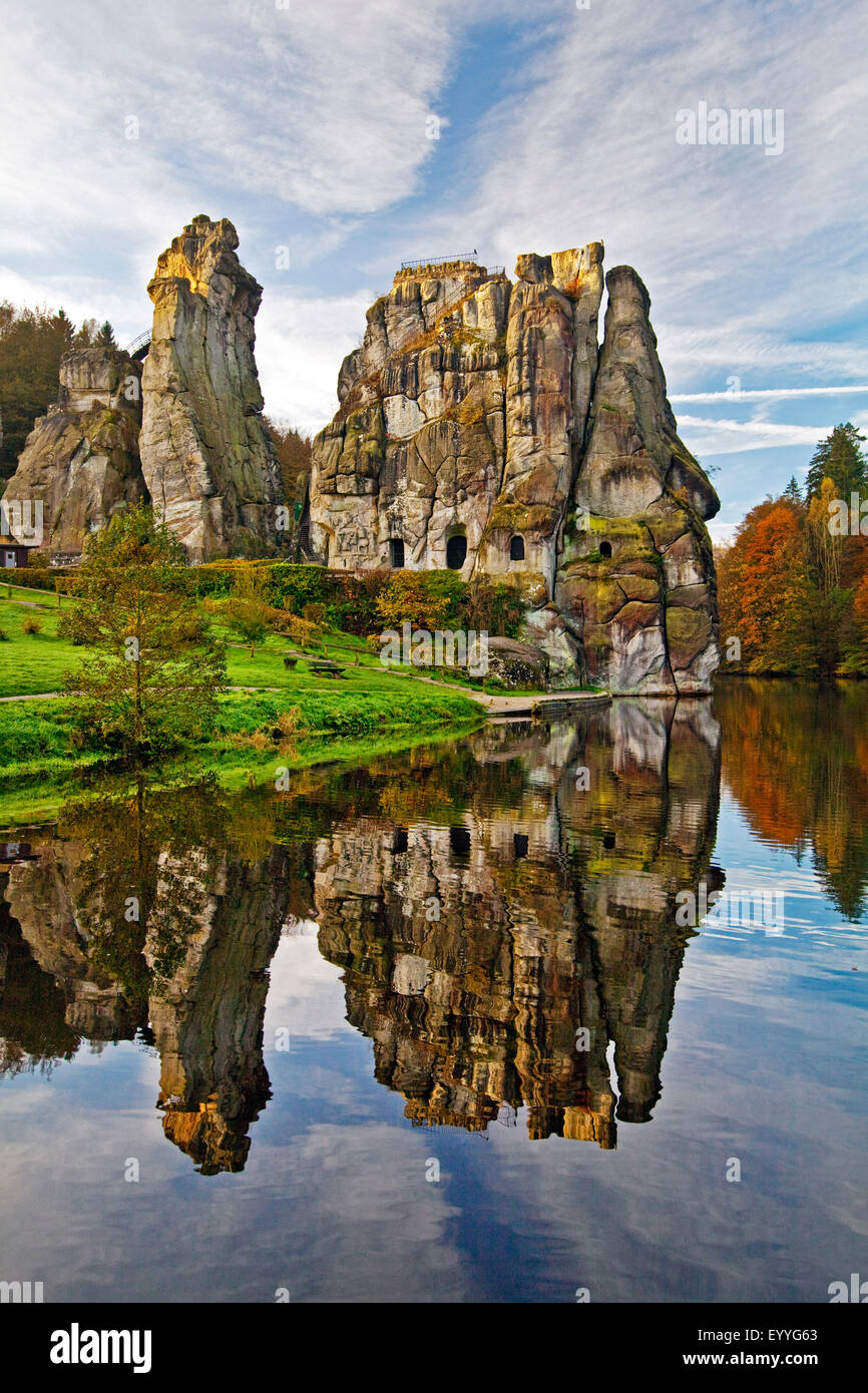 Externsteine, sandstone pillars and Wiembecke Pond in autumn, Teutoburg ...