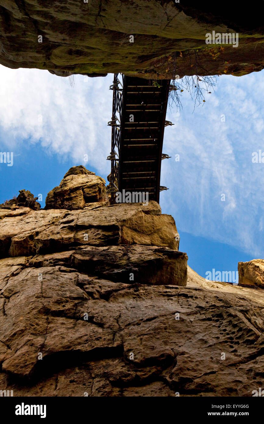 bridge between sandstone pillars, Externsteine, Teutoburg Forest ...