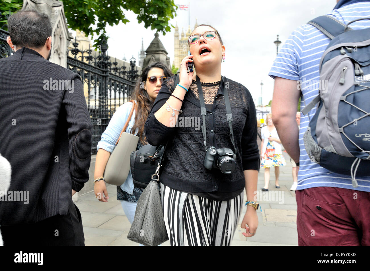 London, England, UK. Woman talking on her mobile phone in Parliament ...