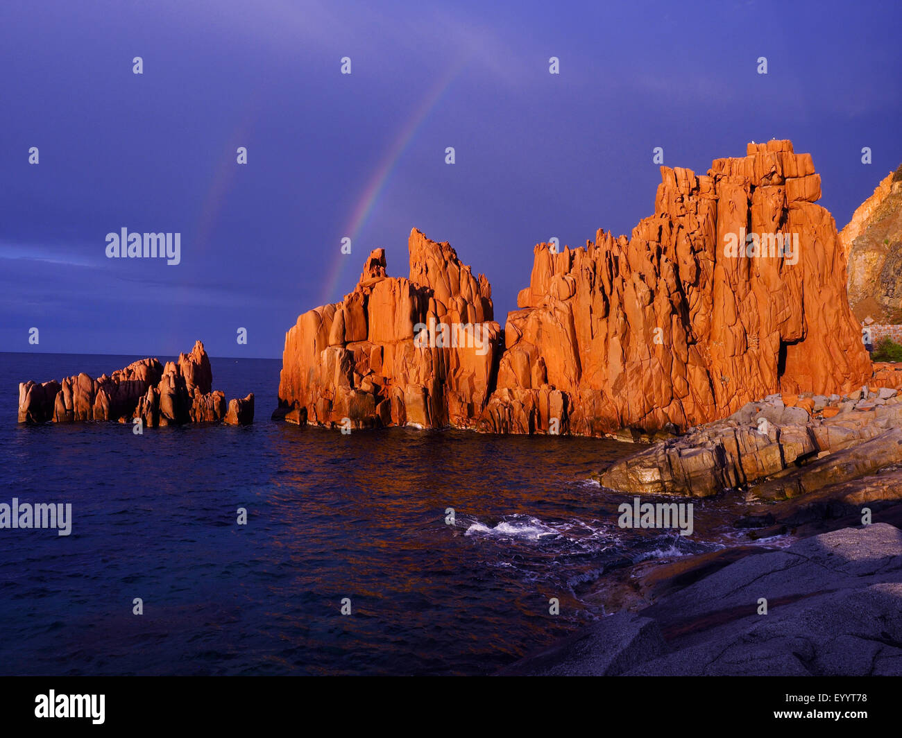 Beach of Rocce Rosse, red porphyry rocks, Italy, Sardegna, Arbatax ...