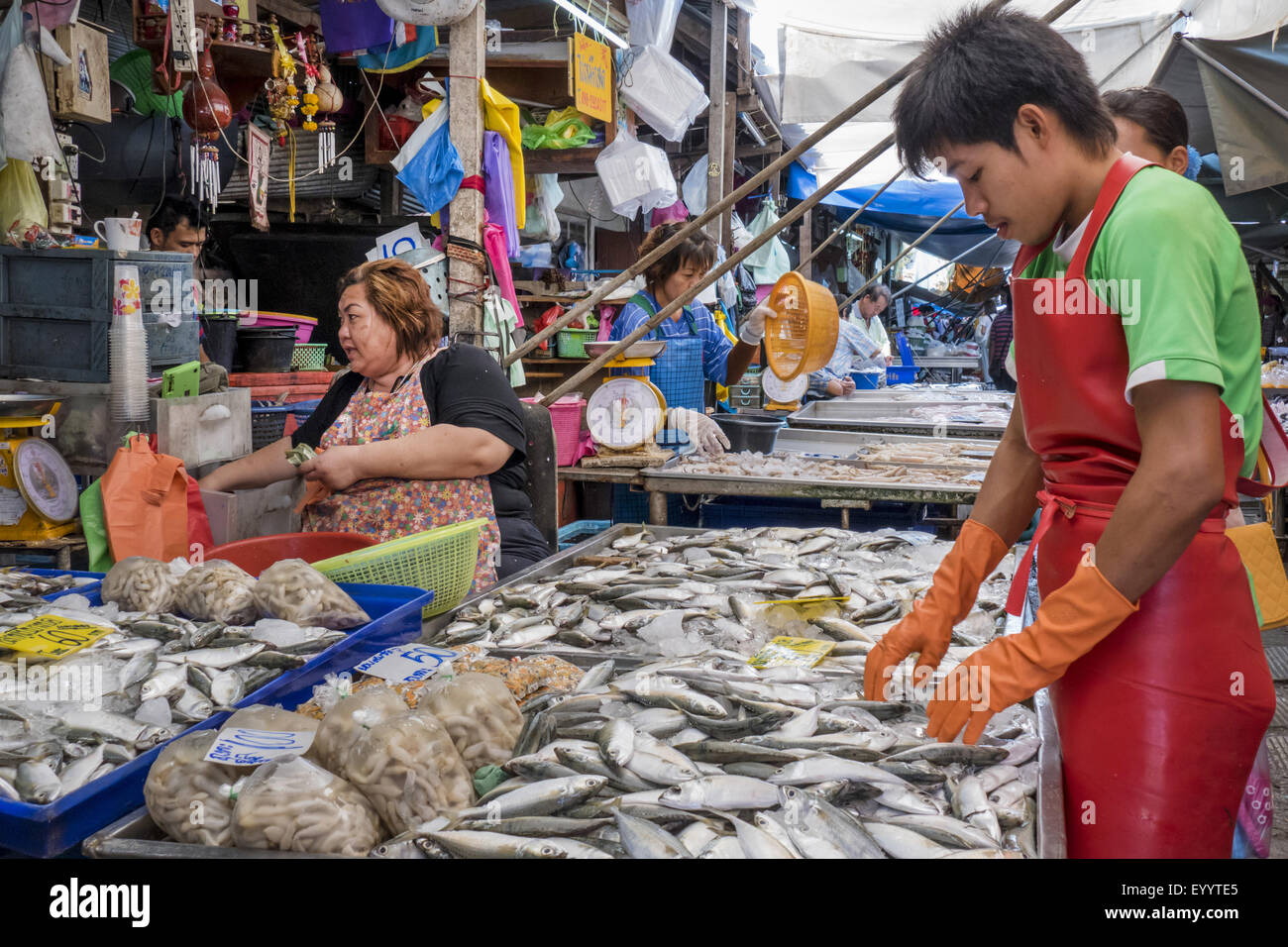 market stalls with fresh fish at the Talad Rom Hoob Market near Bangkok ...