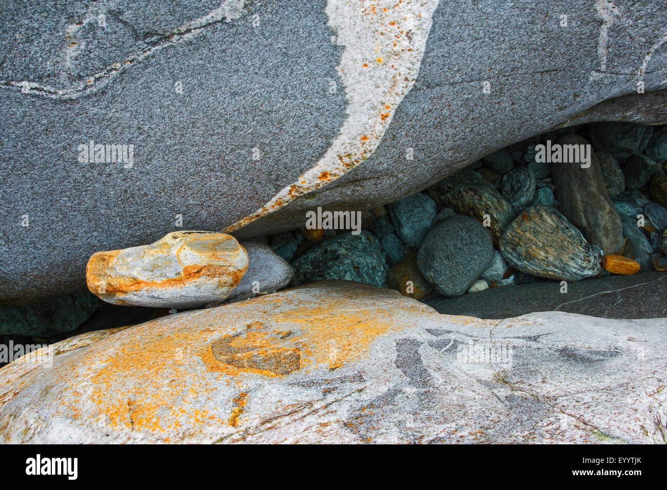 stone stucked between rocks, Switzerland, Ticino, Verzascatal Stock ...