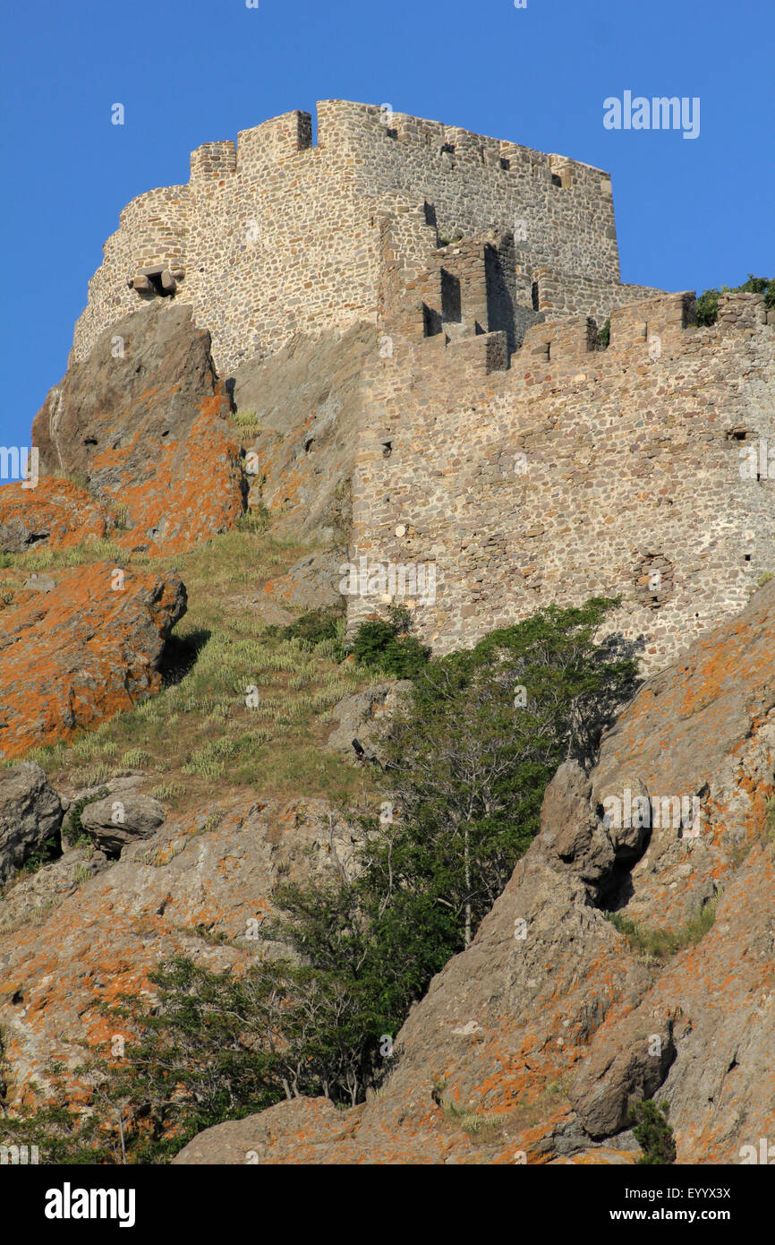 Closeup of Myrinas' Byzantine castle bailey architecture, crenelations ...