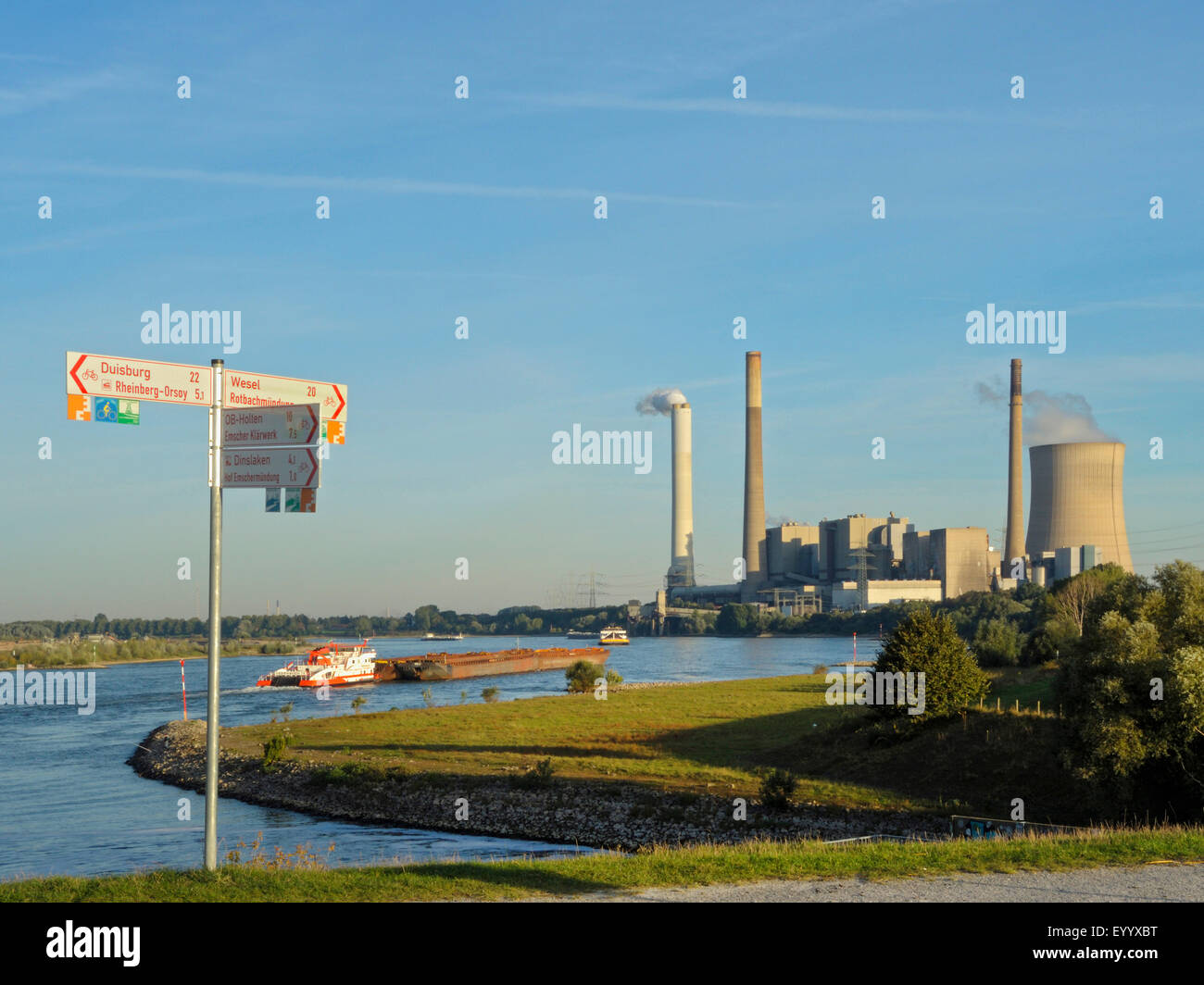 mouth of river Emscher into River Rhine, power station Voerde in ...