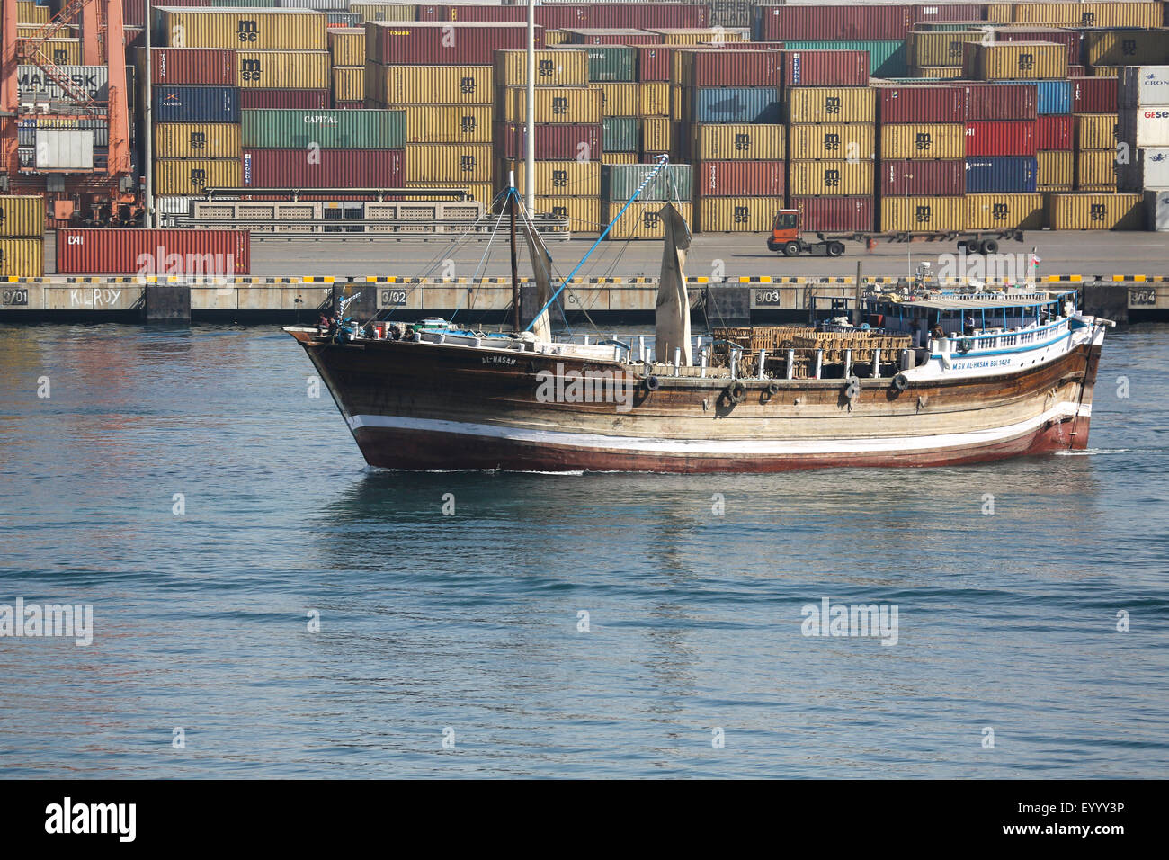Dhow vessel bringing in livestock to the port of Salalah, Dhofar, OMAN ...