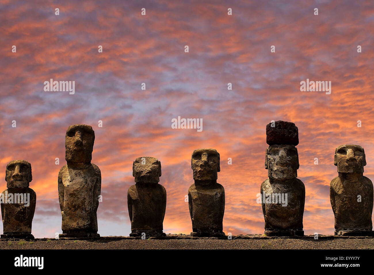 Moai statues at sunset, Chile, Rapa Nui National Park Stock Photo - Alamy