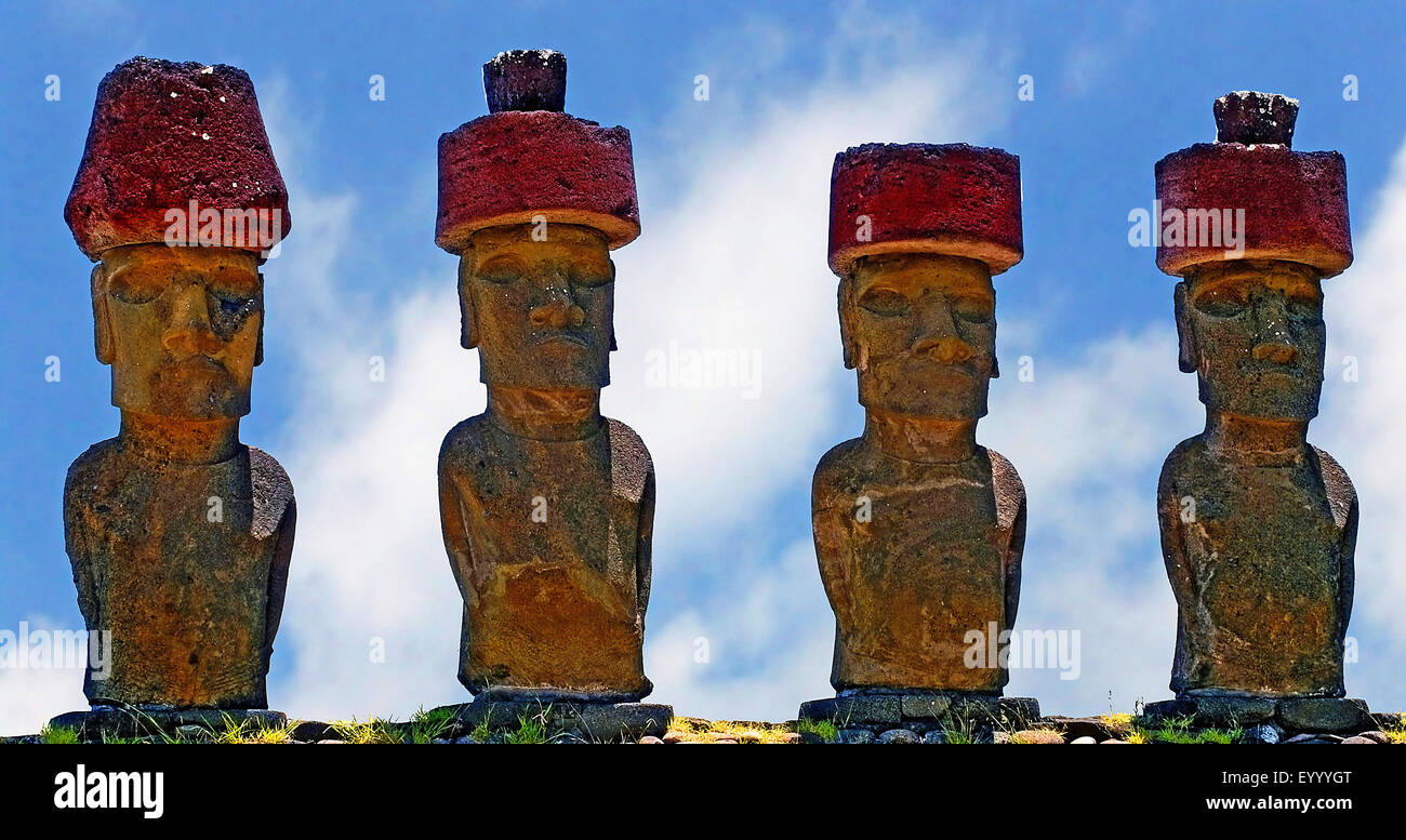 Moai statues with pukao, Chile, Rapa Nui National Park Stock Photo - Alamy