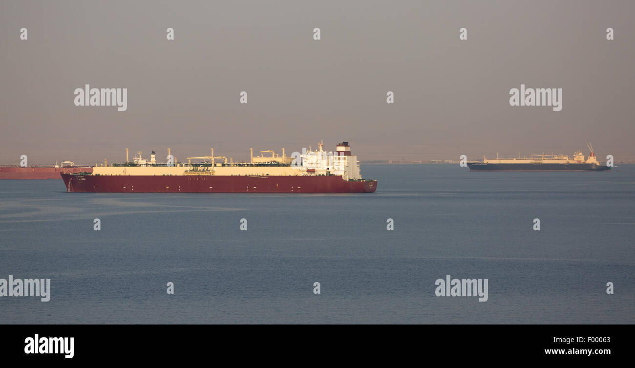 Ships gathering for night convoy through Suez canal. Red Sea Egypt ...