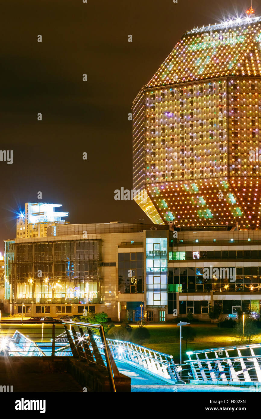 Unique Building Of National Library Of Belarus In Minsk At Night Scene ...