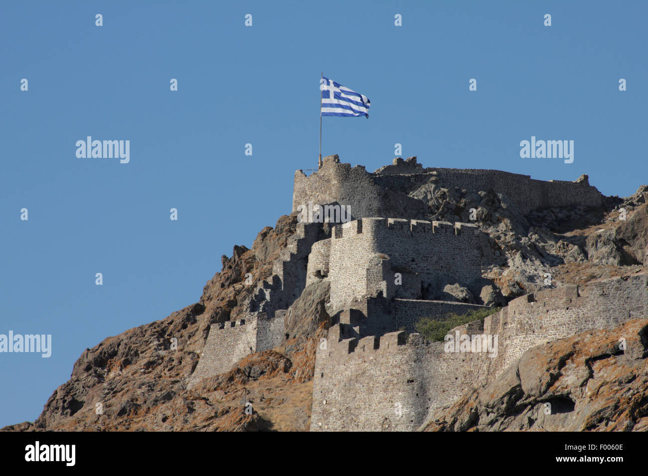 Closeup of Myrinas' Byzantine castle bailey architecture, crenelations ...