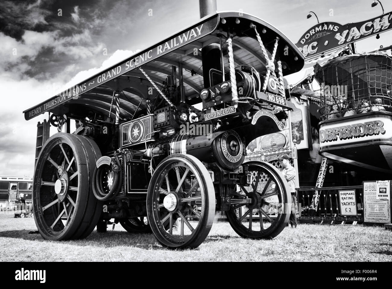Showmans Traction Engine at a steam fair in England. Black and White ...