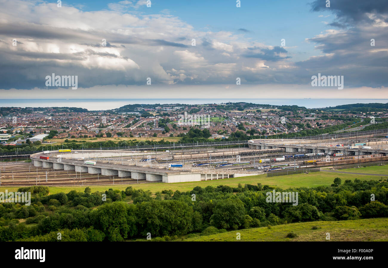 Euotunnel Le Shuttle trains waiting at the Folkestone terminal before ...
