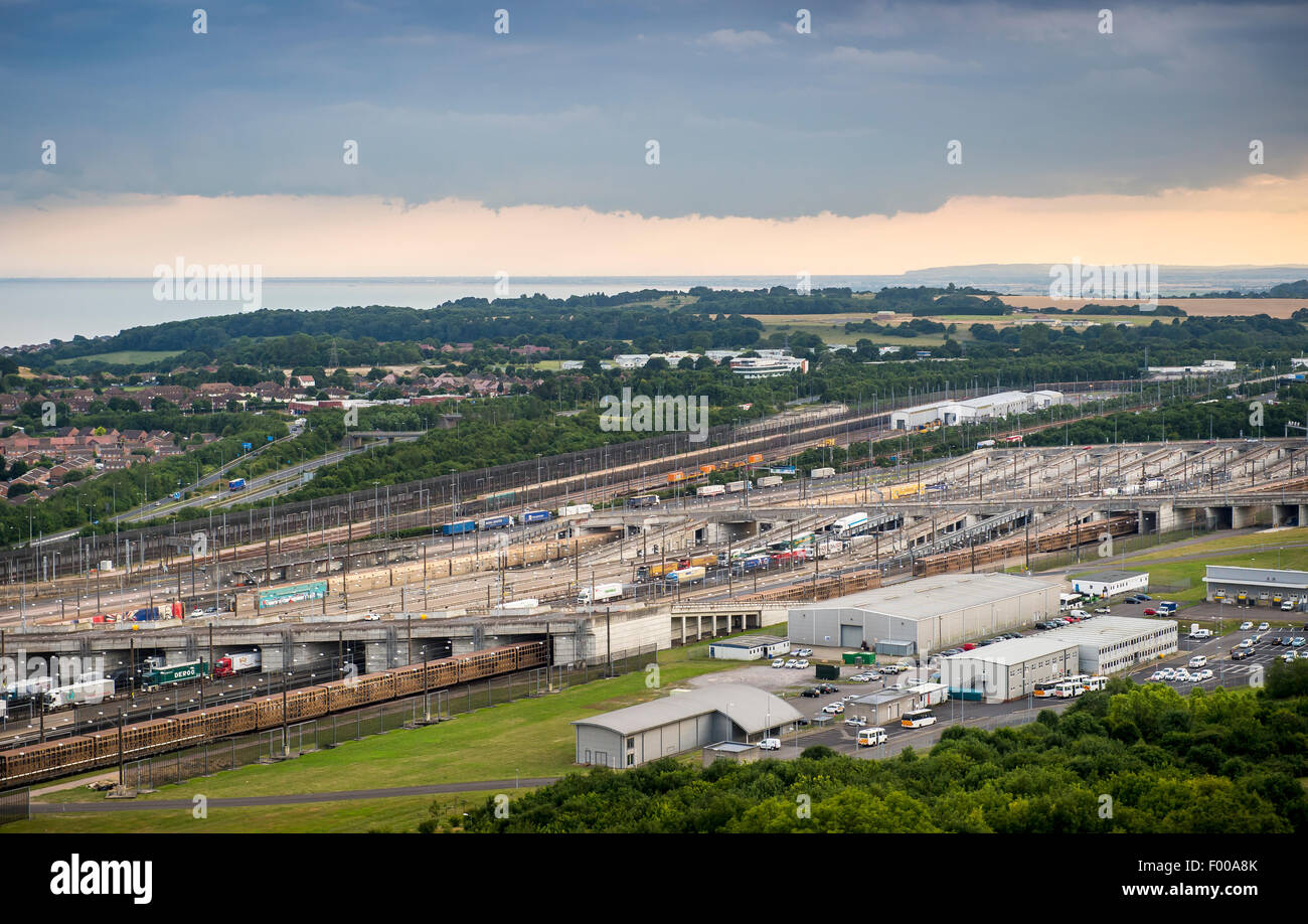 Euotunnel Le Shuttle trains waiting at the Folkestone terminal before ...