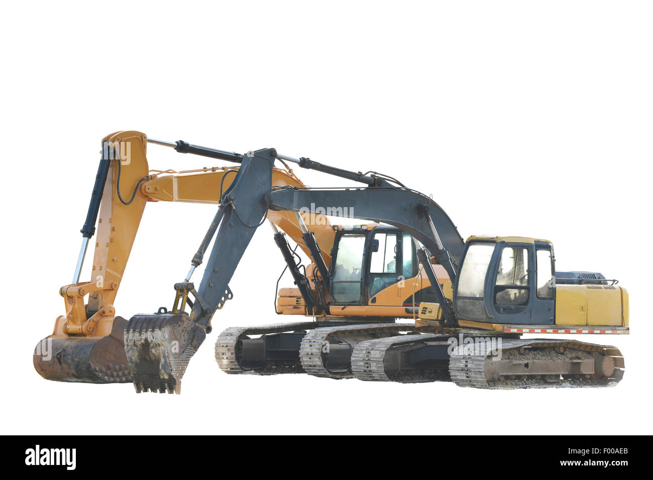 Two big excavators isolated on a white background Stock Photo - Alamy