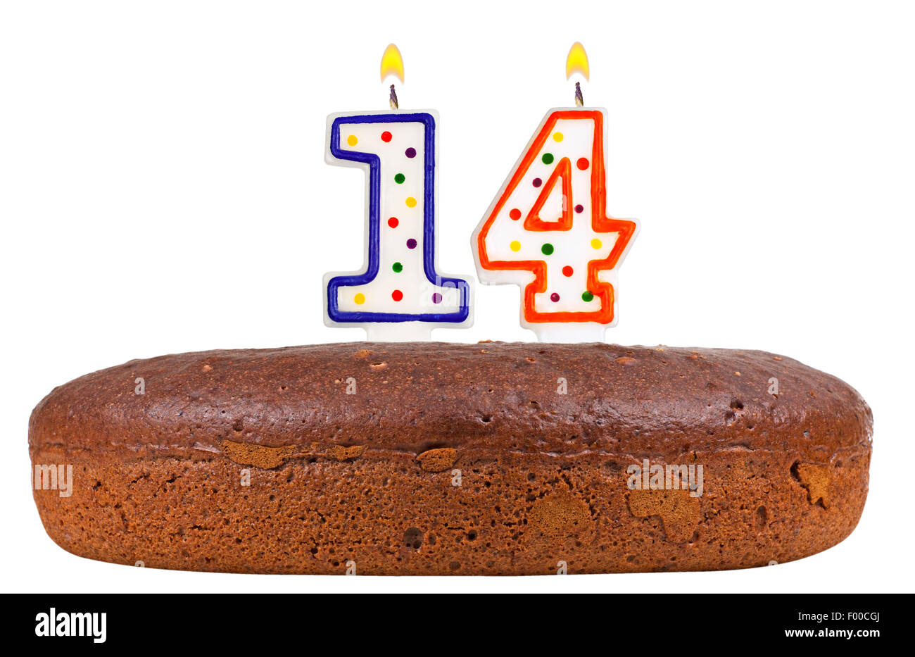 birthday cake with candles number fourteen isolated on white background ...
