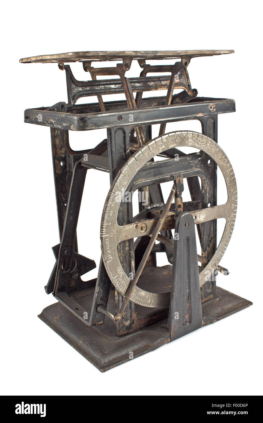 Old rusty weighing scale isolated on white Stock Photo - Alamy