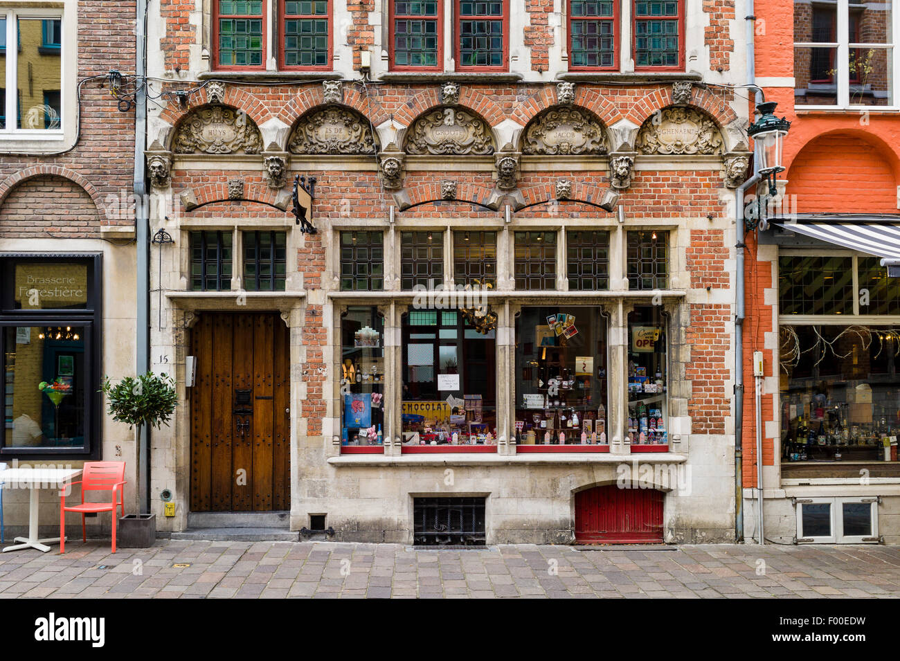 A typical historic store front in Brugge, Belgium. Situated on ...