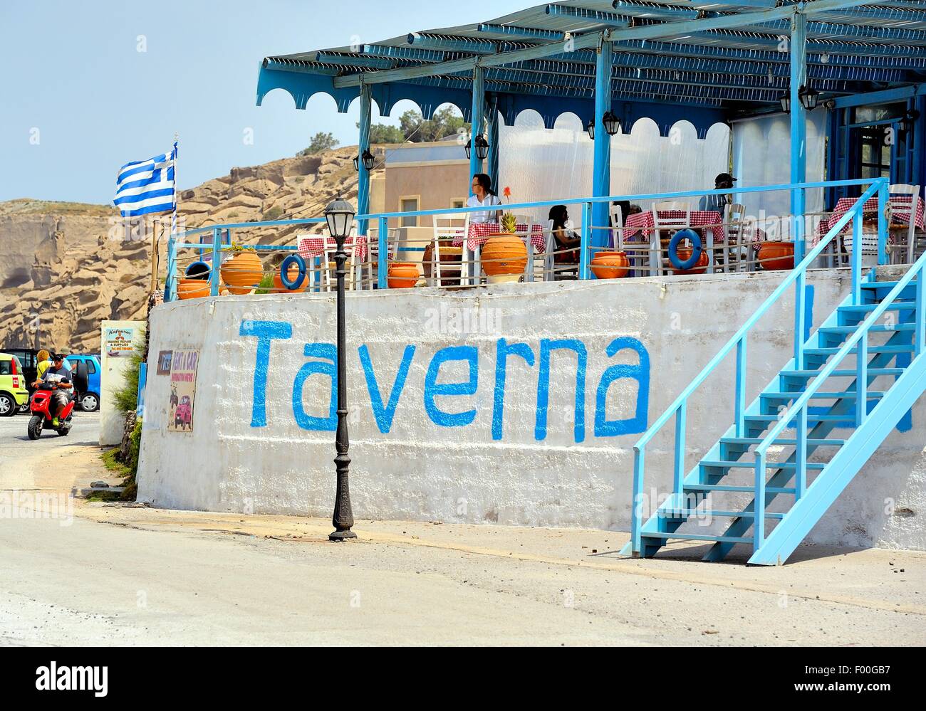 A traditional greek taverna in vlychada beach Santorini,Greece Stock ...