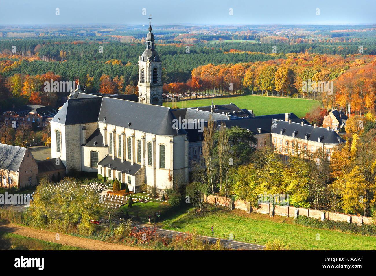 Abbey of Averbode, forest from the air in autumn, Belgium, Averbode ...