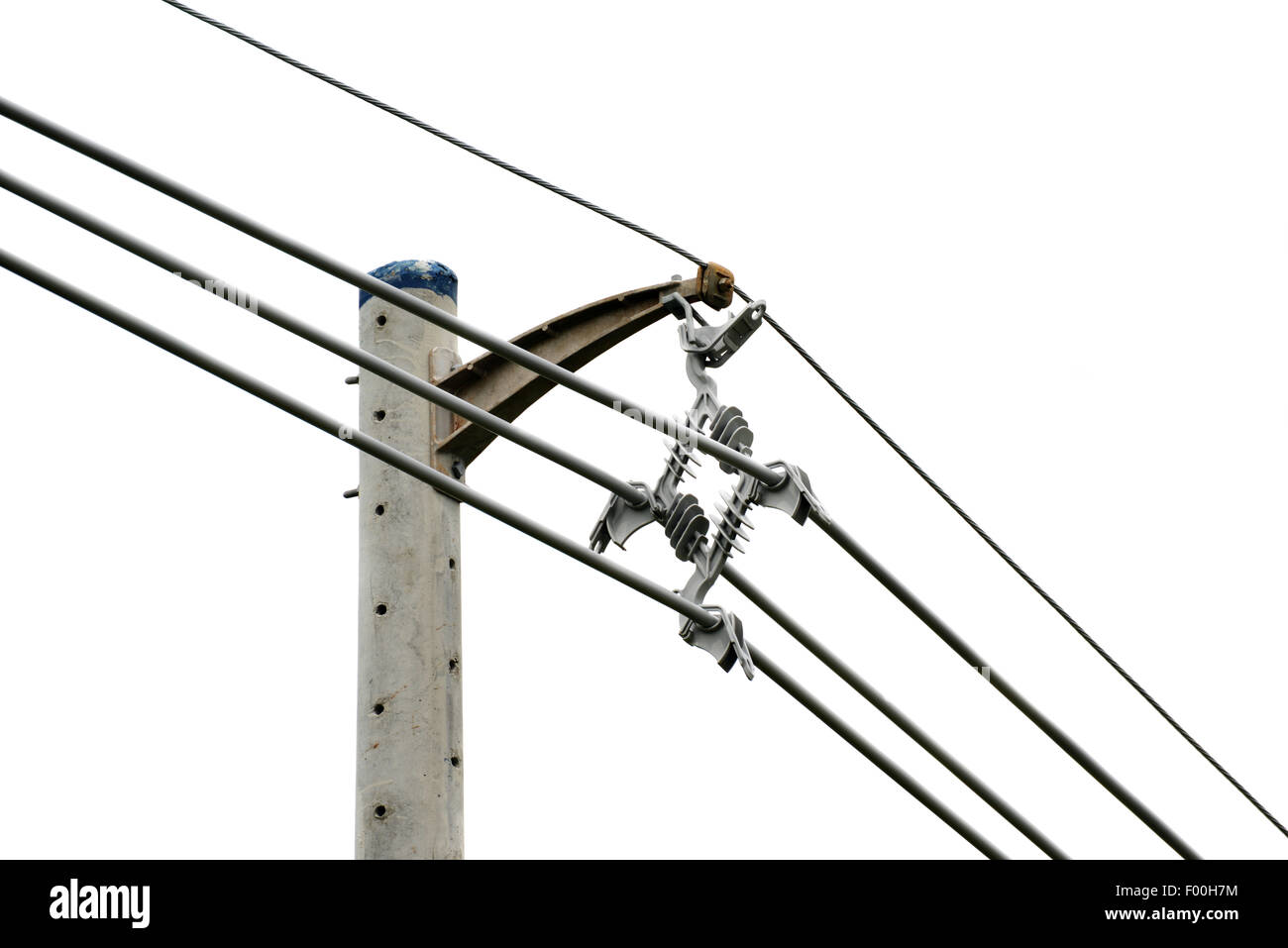 Close up shot of electric power lines link isolated on white Stock ...