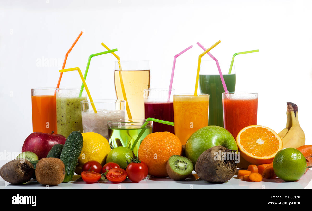 Colorful fresh fruit and vegetable juices isolated on white background ...