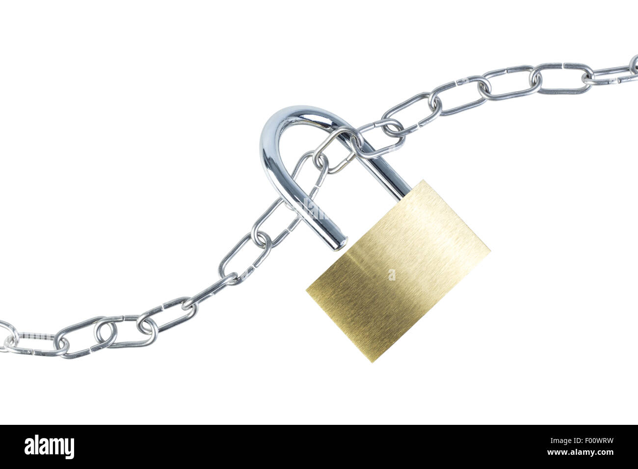 Metal chain and an unlocked padlock, viewed from above, isolated on ...