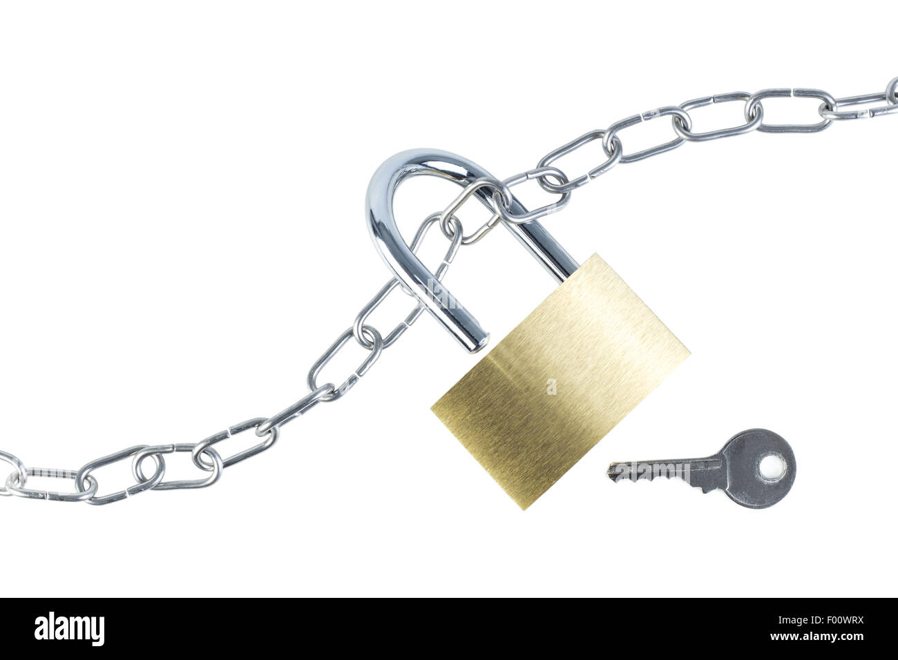 Metal chain, unlocked padlock and a key, viewed from above, isolated on ...