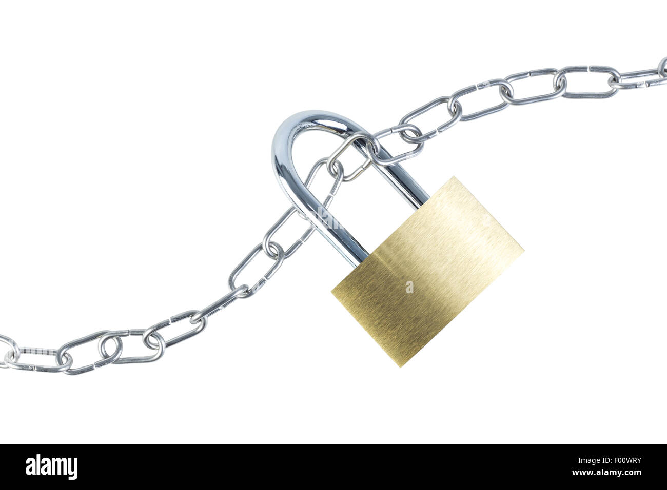 Metal chain and a locked padlock, viewed from above, isolated on white ...