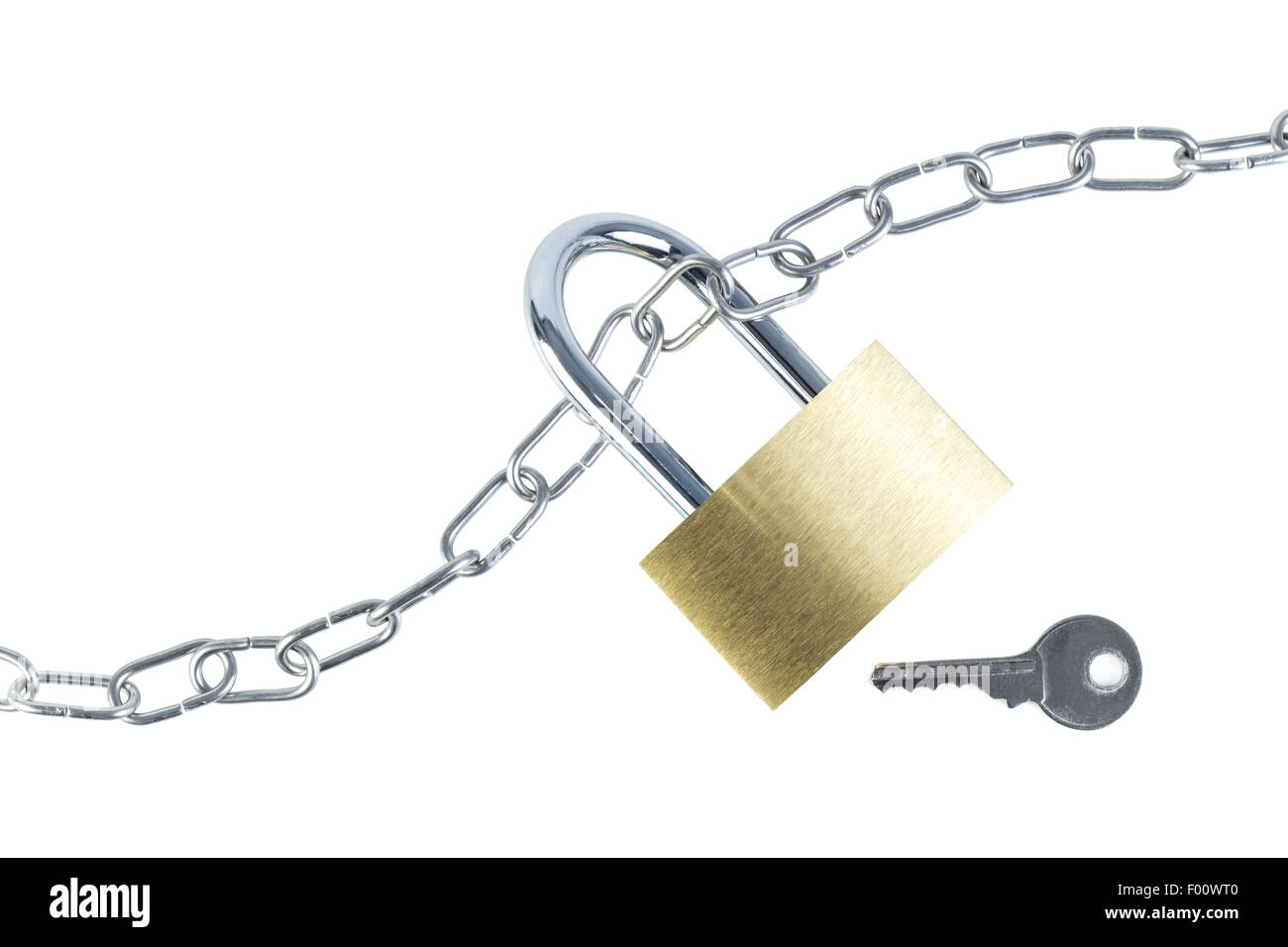Metal chain, locked padlock and a key, viewed from above, isolated on ...