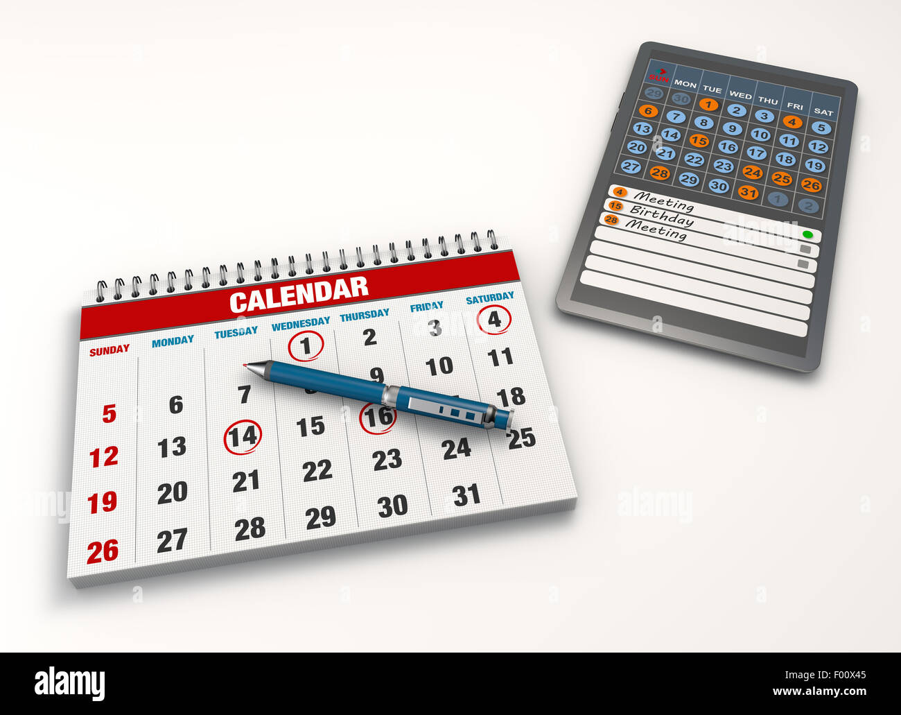 Calendar with pen and tablet computer Stock Photo - Alamy