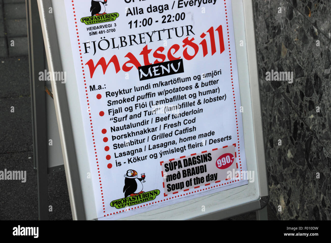 An Icelandic menu with smoked puffin as one of the dishes Stock Photo ...