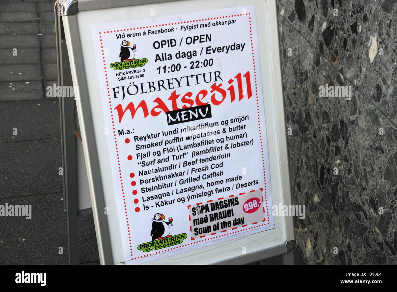 An Icelandic menu with smoked puffin as one of the dishes Stock Photo ...