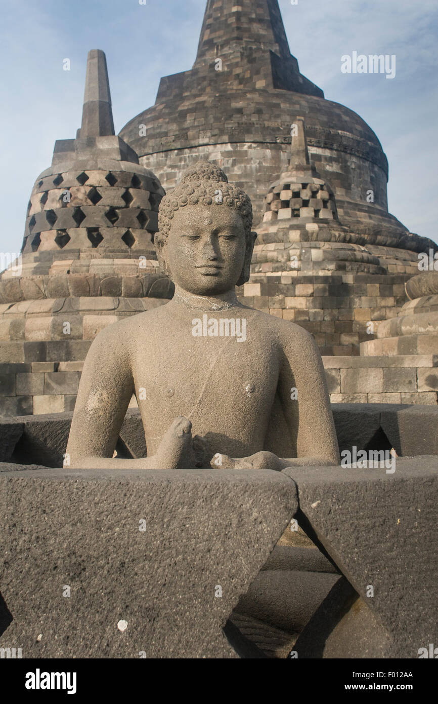 Statue of the Buddha at the 9th-century Buddhist temple, Borobudur, of ...